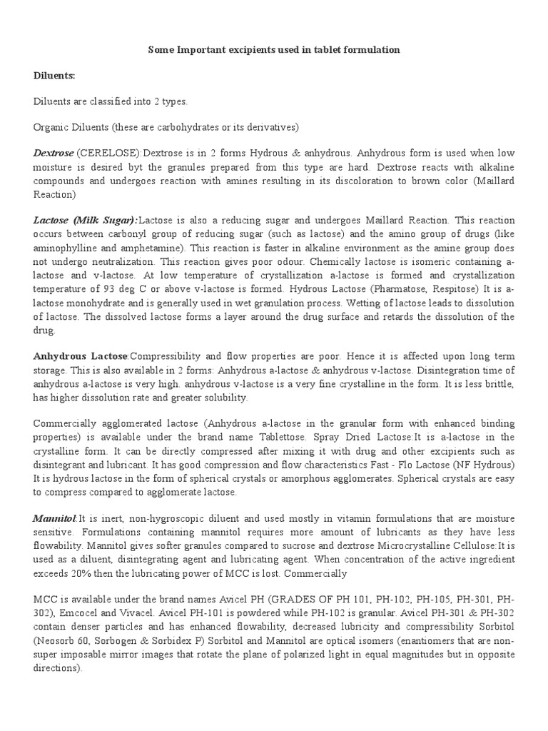 Some Important Excipients Used in Tablet Formulation | PDF | Tablet ...