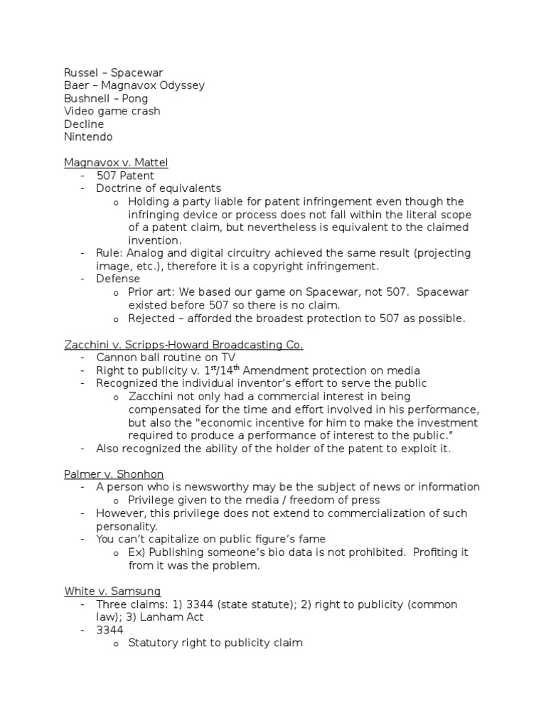 Patent and Copyright Law in Video Games | PDF | Fair Use | Prior Art