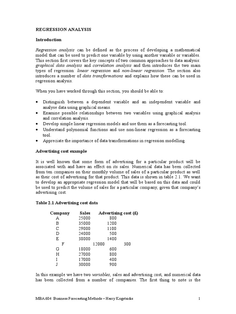 Regression Analysis Can Be Defined As The Process of Developing A Mathematical | PDF ...
