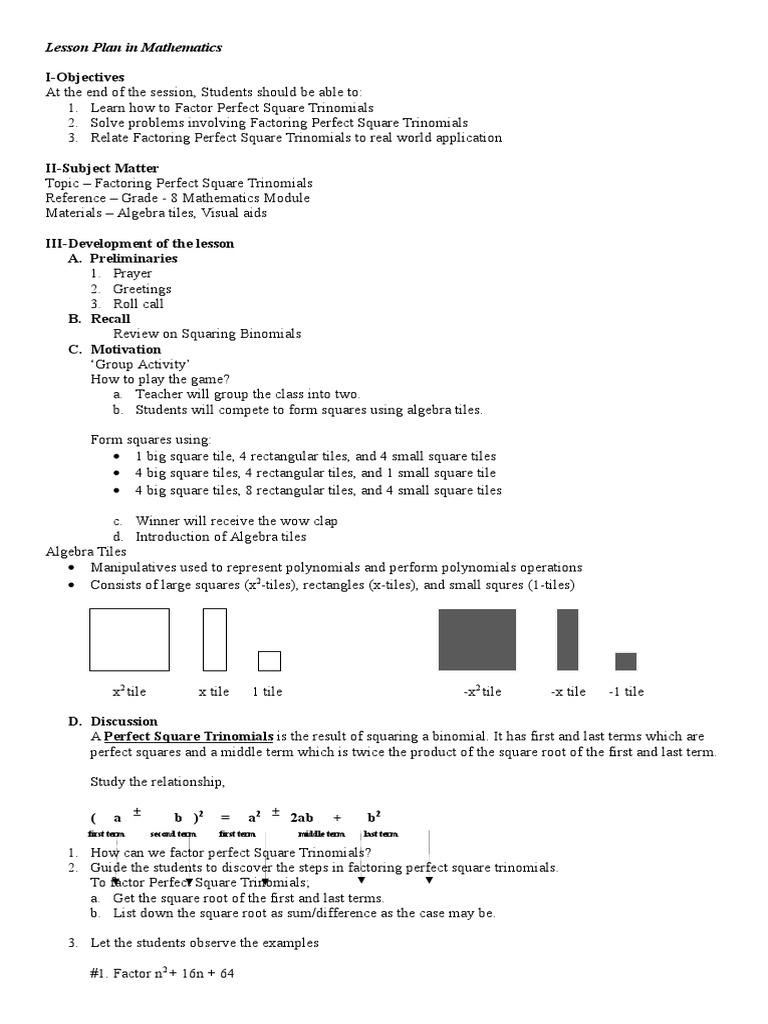 I-Objectives: Lesson Plan in Mathematics | PDF | Factorization | Lesson ...