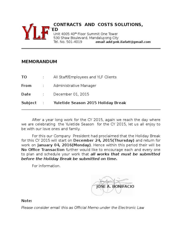 2015 Holiday Break Announcement Memo | PDF | Christmas | Business
