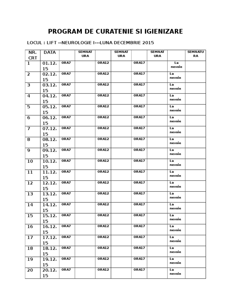 Program de Curatenie Si Igienizare Lift | PDF