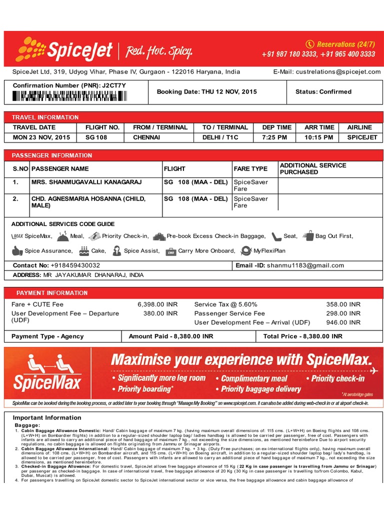 SpiceJet - E-Ticket - PNR J2CT7Y - 23 Nov 2015 Chennai-Delhi For MRS ...