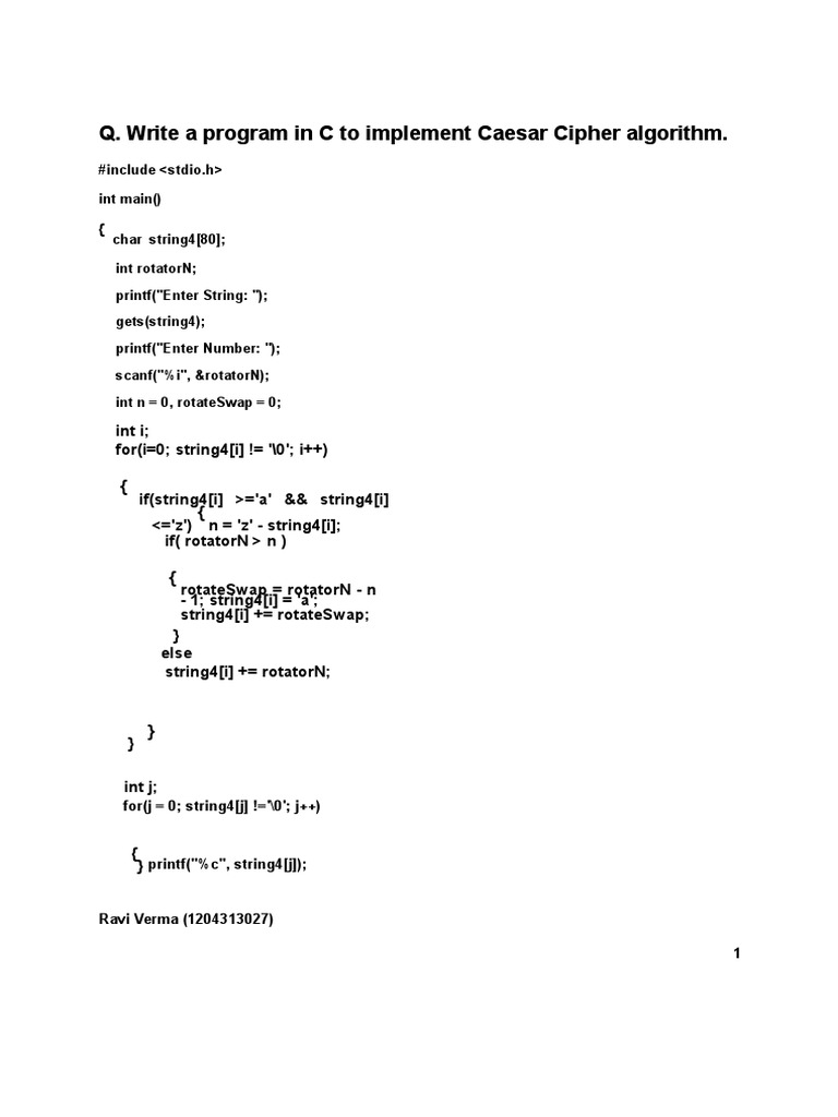 Q. Write A Program in C To Implement Caesar Cipher Algorithm | PDF ...