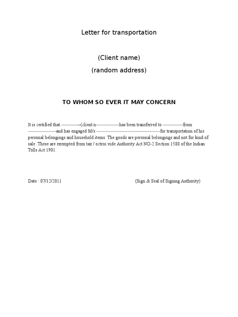 Transportation Declaration Letter | PDF | Finance & Money Management | Law