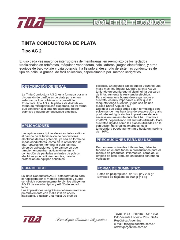 Tinta Conductora de Plata AG 2: Usos y Precauciones | PDF | Tinta ...