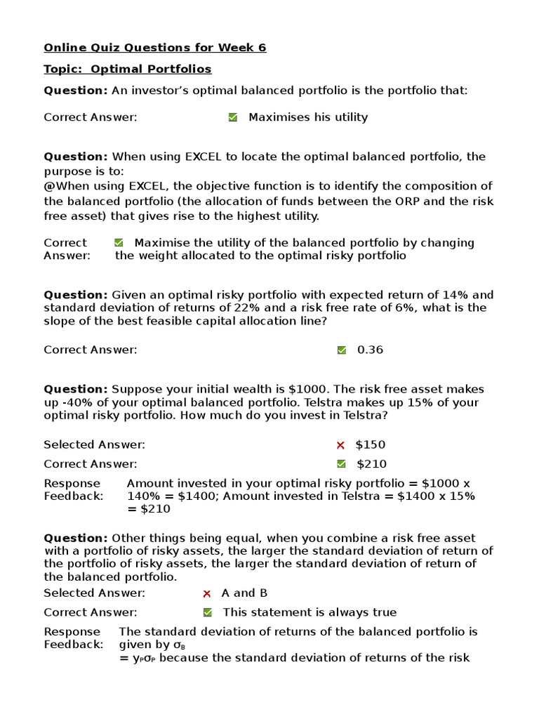 Online Quiz 5 Optimal Portfolio Q&A | Download Free PDF | Sharpe Ratio ...