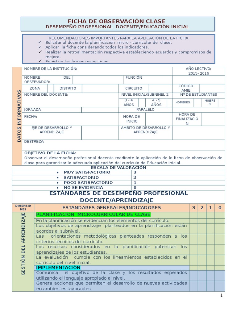FICHA DE OBSERVACI+ôN DE CLASE NIVEL INICIAL | PDF | Maestros | Jardín de infancia