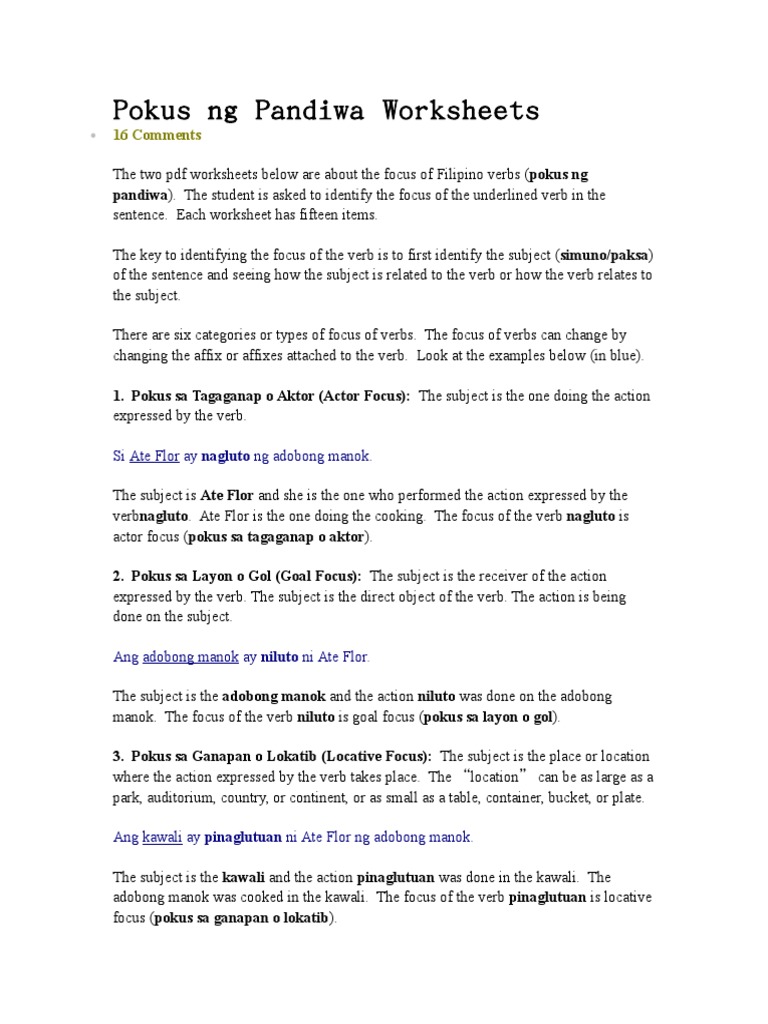 Pokus NG Pandiwa Worksheets | PDF | Predicate (Grammar) | Verb