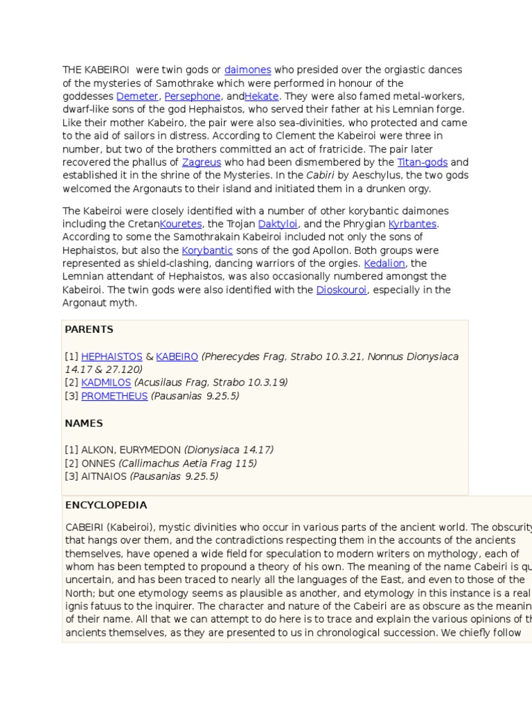 The KABEIROI Were Twin Gods or | PDF | Ancient Greek Religion | Polytheism