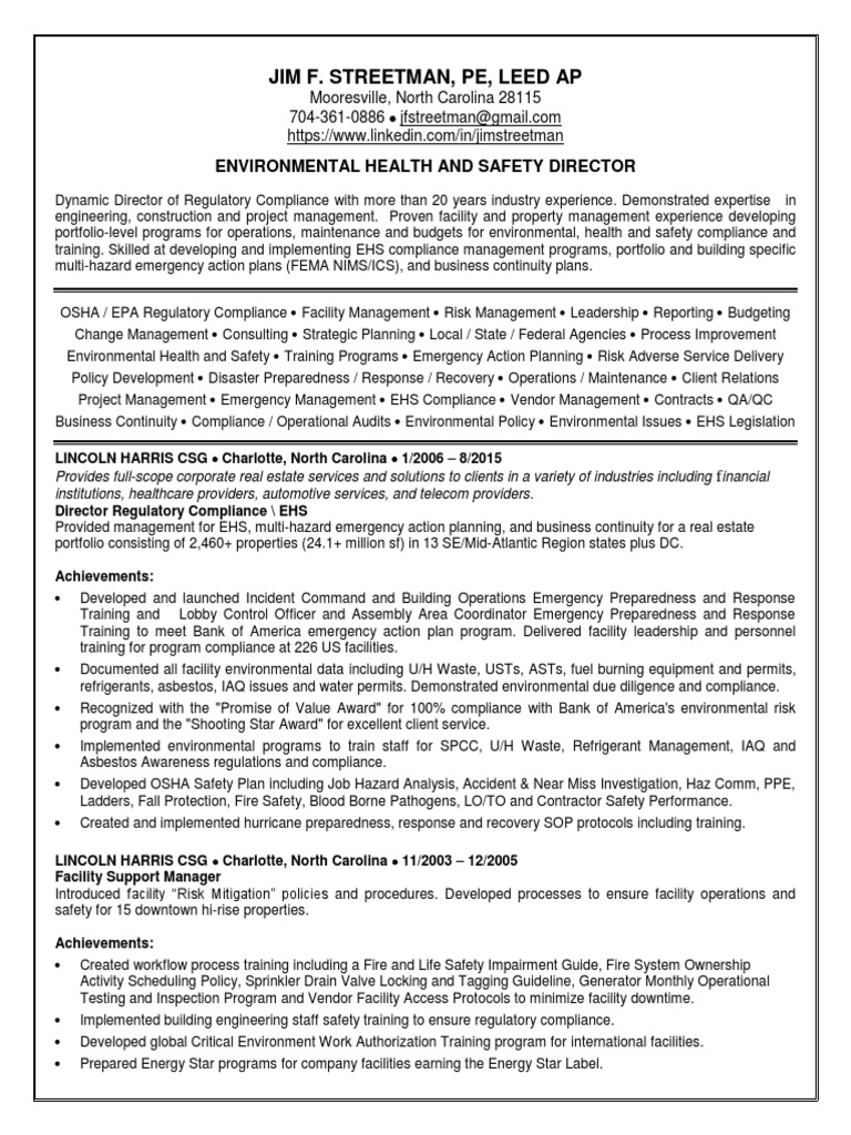 Environmental Health Safety Manager in Charlotte NC Resume Jim ...