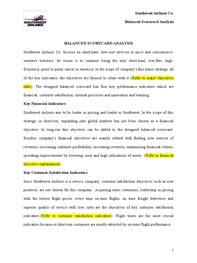 Southwest Airlines Balanced Scorecard Overview | PDF