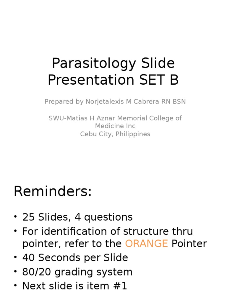 Parasitology Slide Presentation SET B | PDF | Biology | Epidemiology