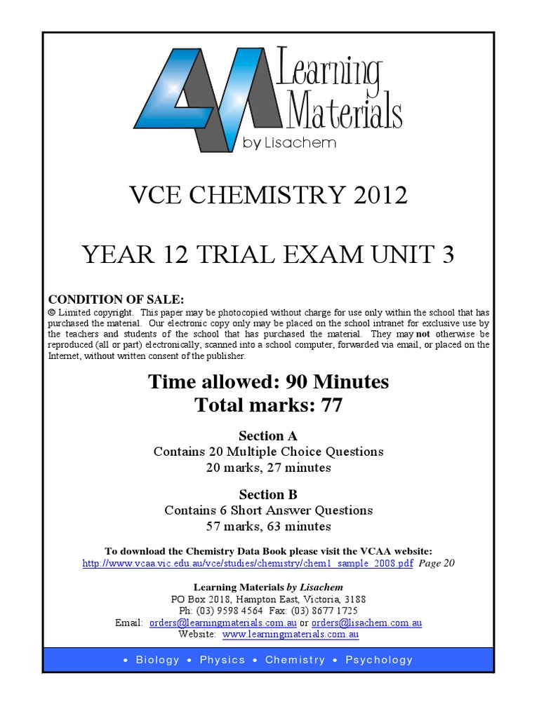 VCE Chemistry 2012 Lisachem Unit 3 Practice Exam | PDF | Redox ...