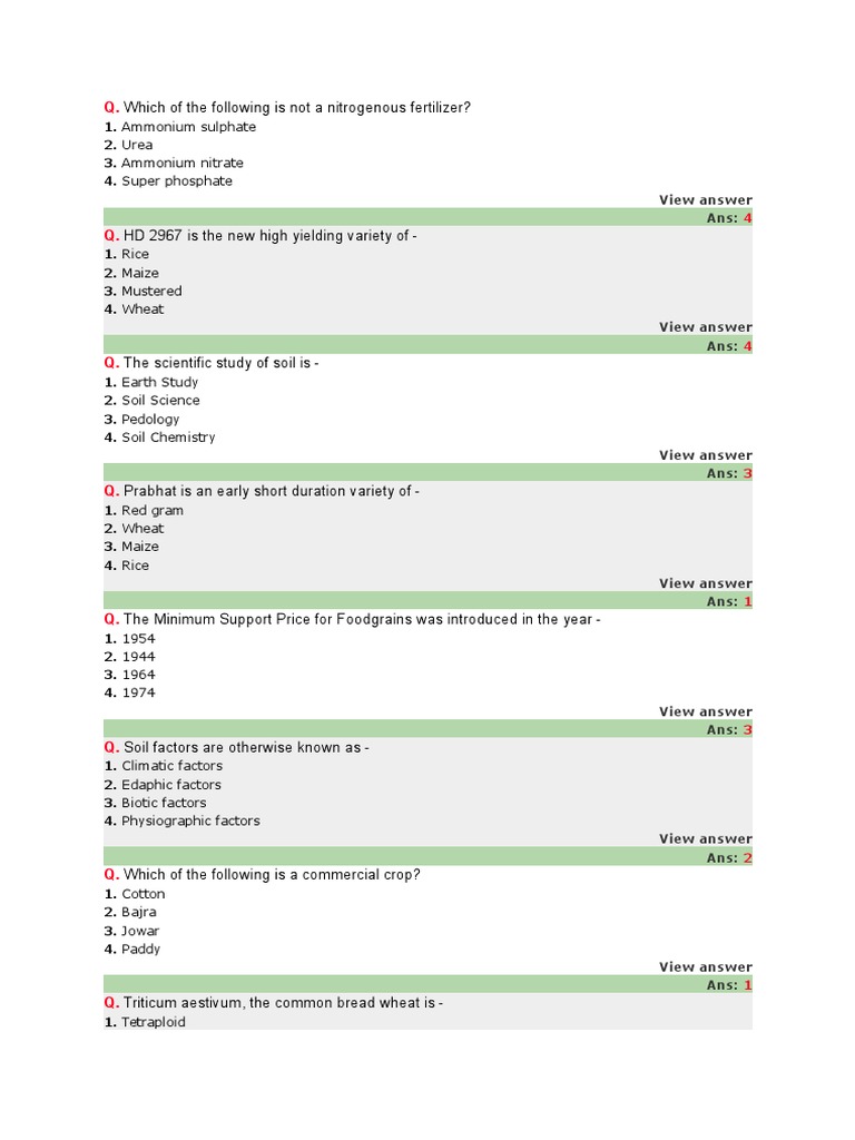 Agriculture Quiz Questions and Answers | PDF | Wheat | Agriculture