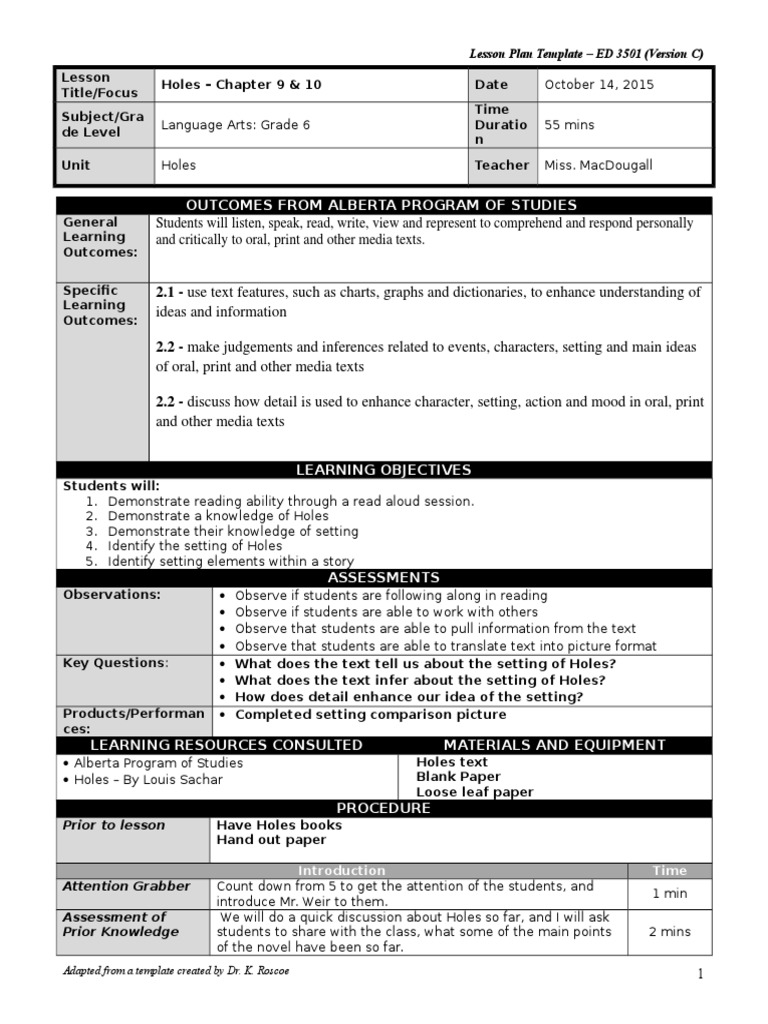 Holes Lesson Plan | PDF | Lesson Plan | Pedagogy