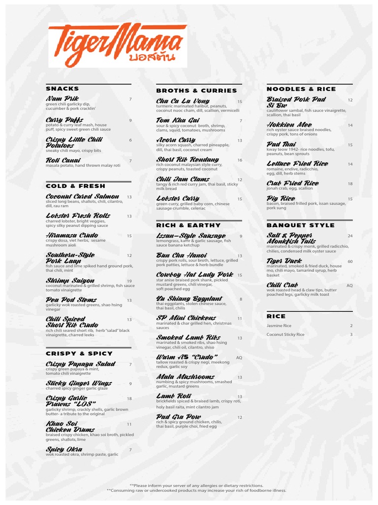 Tiger Mama Menu | PDF | Thai Cuisine | Curry