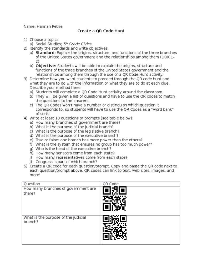 QR Code Hunt for 5th Grade Civics | PDF