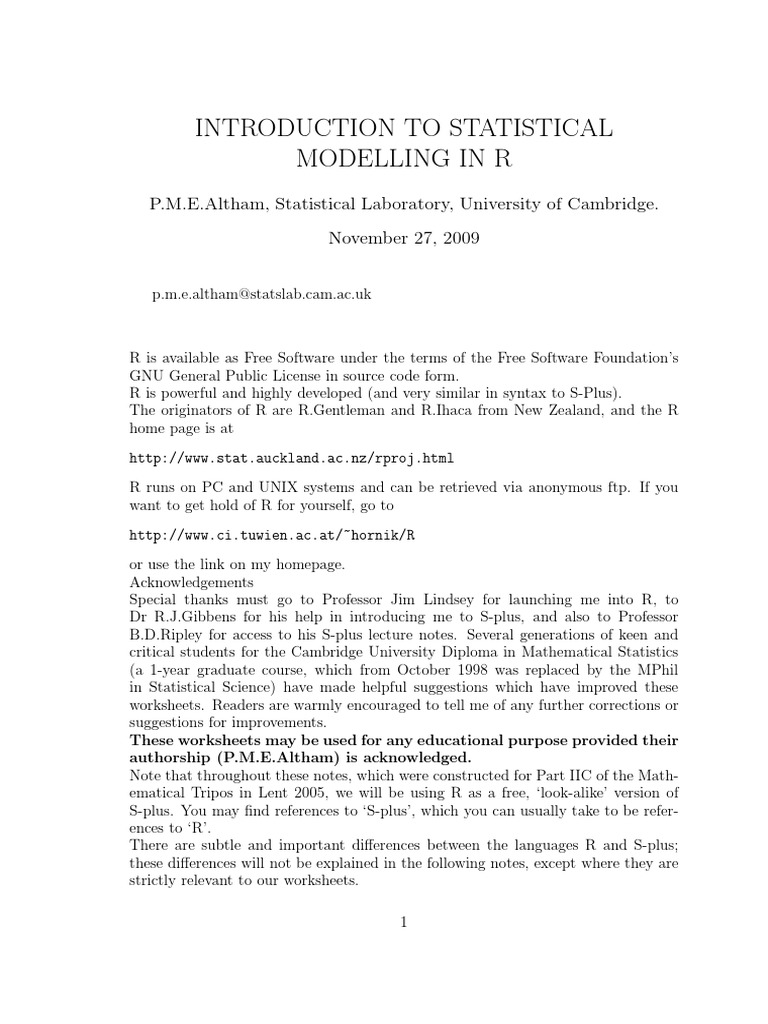 Introduction To Statistical Modelling in R | PDF | Akaike Information Criterion | R (Programming ...