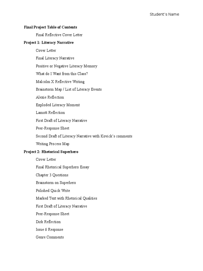 Final Project Table of Contents | PDF