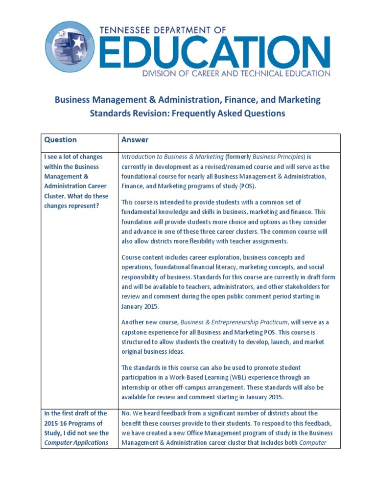 Business Management Standards FAQ Guide | PDF | Vocational Education ...