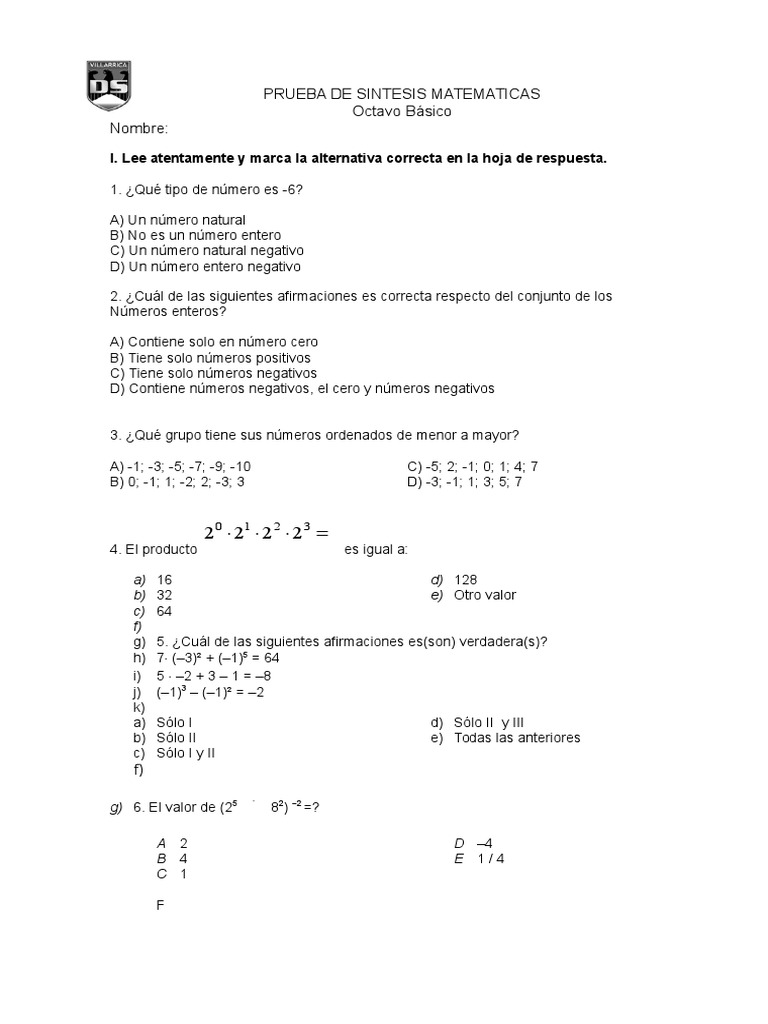 examen matematicas octavo