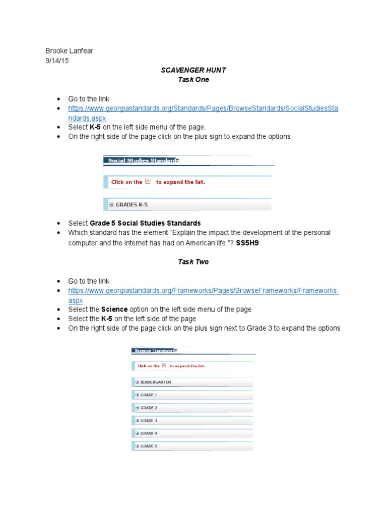 Georgia K-5 Standards Scavenger Hunt | PDF | Wellness
