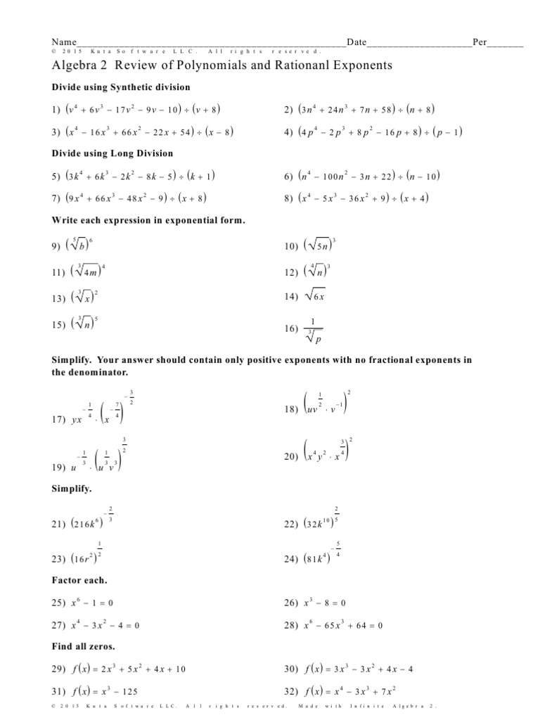 Review of Polynomials and Rationanl Exponents | PDF