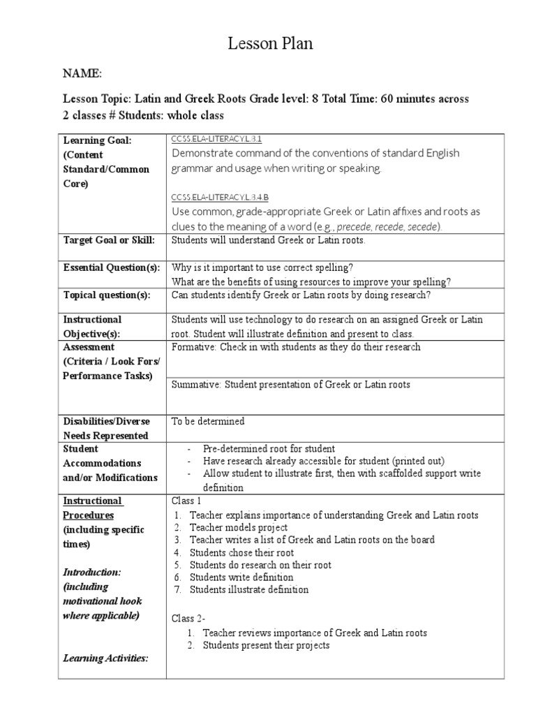Greek and Latin Roots Lesson Plan | PDF | Lesson Plan | Latin