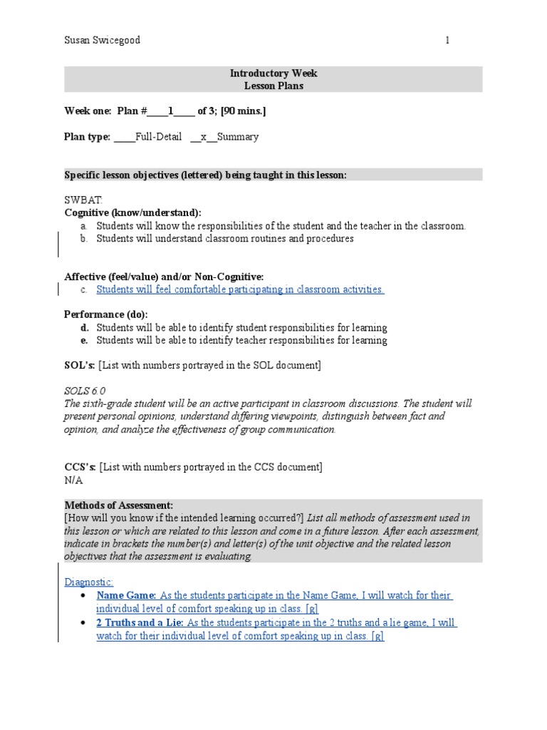 Introductory Week Lesson Plans for 6th Grade | PDF | Educational ...