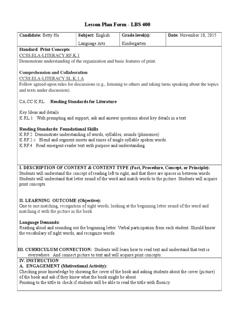 Lesson Plan Form - LBS 400: Ccss - Ela Literacy - Rf.K.1 | PDF ...