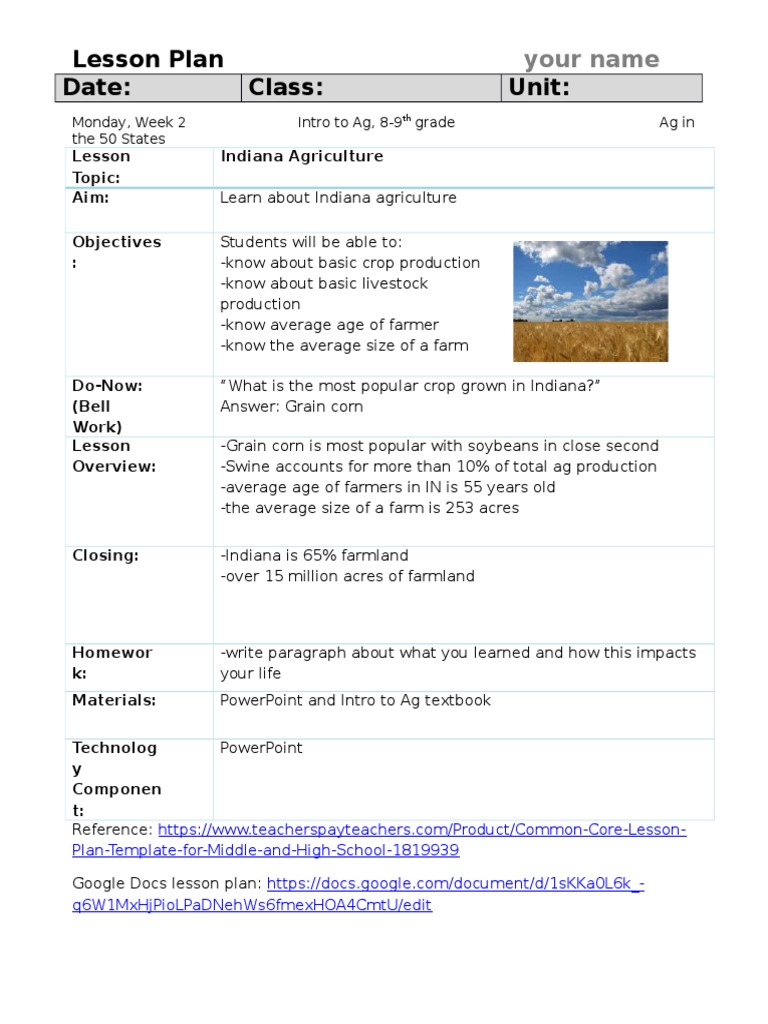 Indiana Agriculture Lesson Plan | PDF | Agricultural Land | Farms