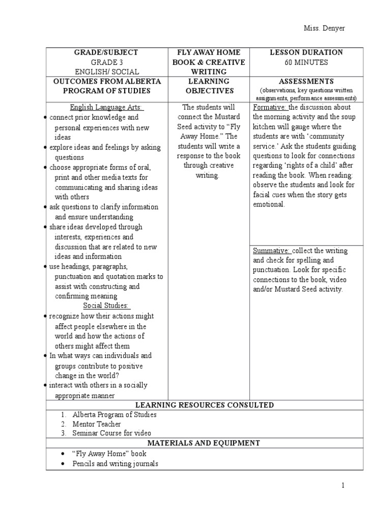 Grade 3 Lesson Plan: Fly Away Home | PDF | Career & Growth | Language ...
