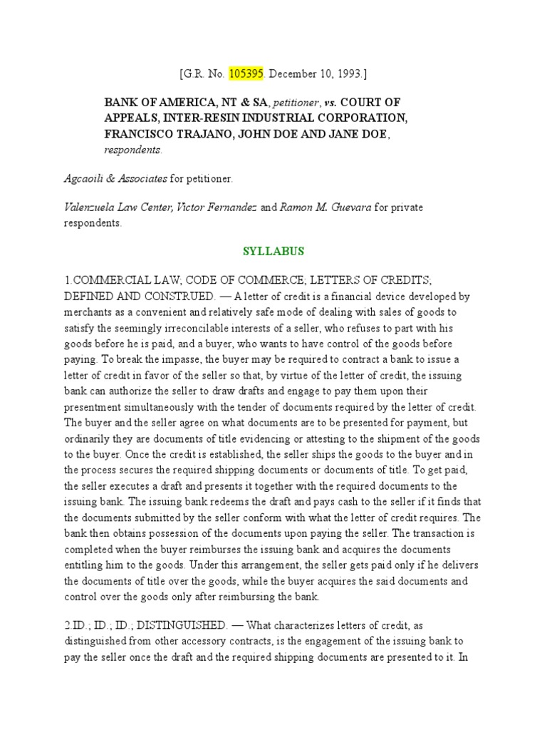 NEGO - Letters of Credit - (3) Bank of America v. CA (228 SCRA 357 ...