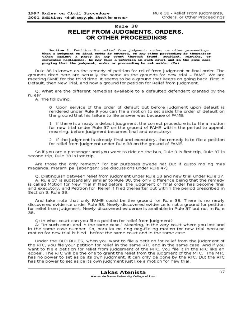 Rule 38 - Relief From Judgmnts | Judgment (Law) | Appeal