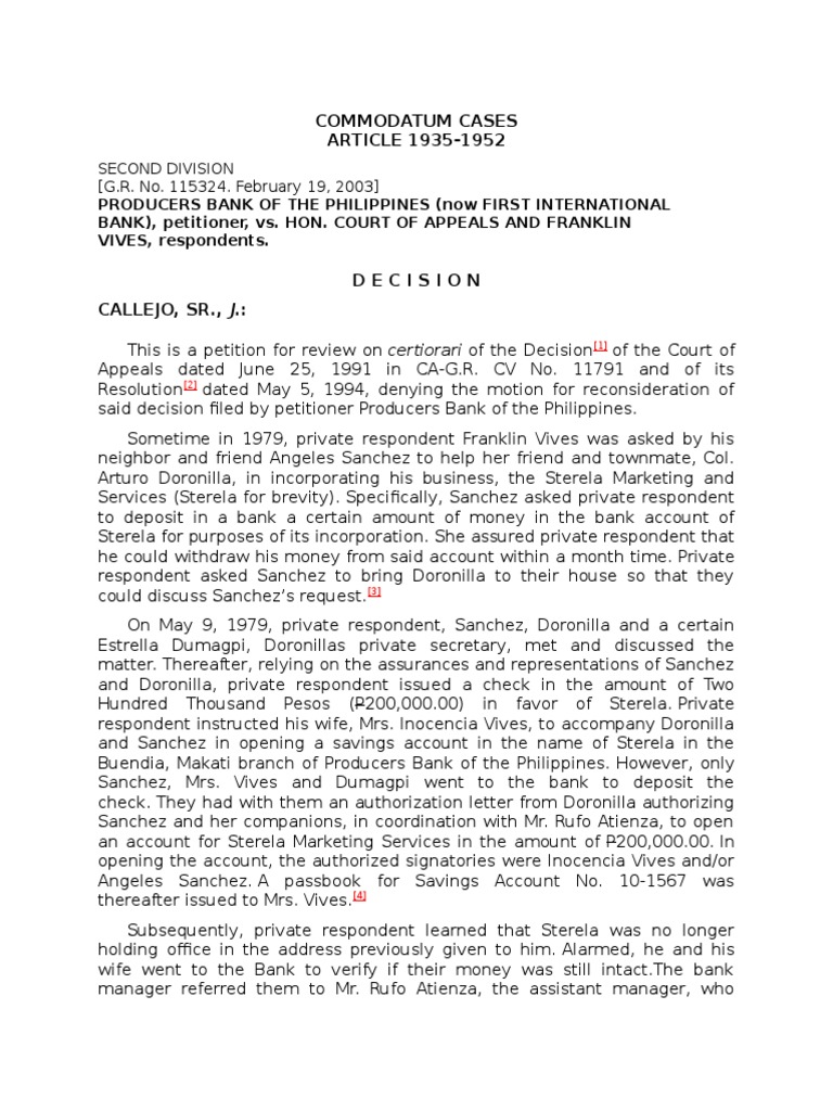 Commodatum Cases | PDF | Lawsuit | Cheque