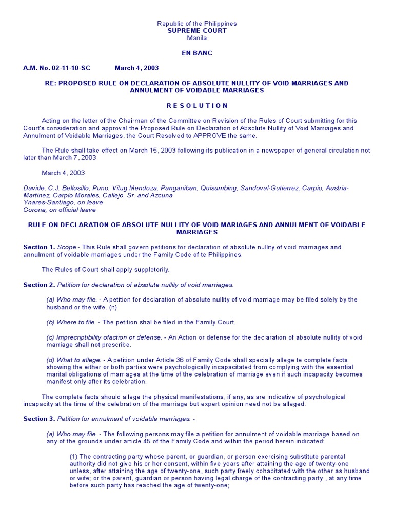 AM No 02-11-10-SC Rule On Declaration of Absolute Nullity of Void Marriages and Annulment of ...
