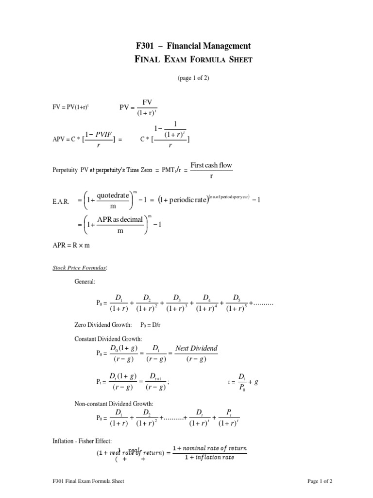 Financial Management Formula Sheet | PDF
