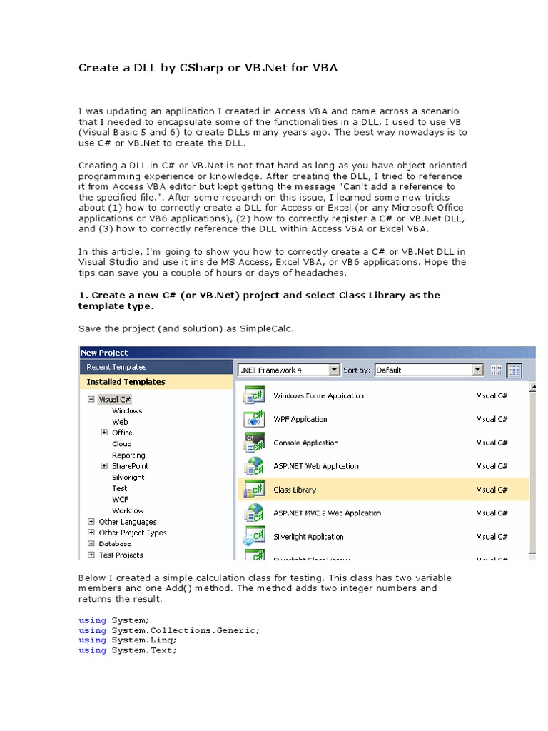 Create A DLL by CSharp or VB | PDF | Component Object Model | Visual Basic For Applications
