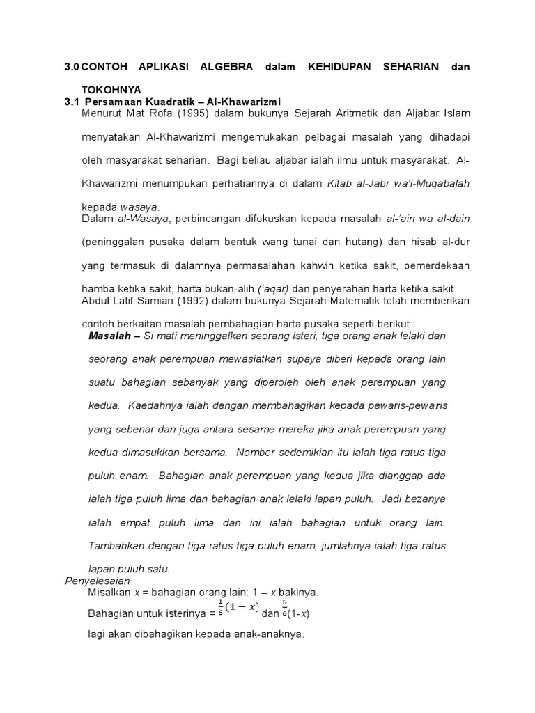 Contoh Aplikasi Algebra Dalam Kehidupan Seharian Dan Tokohnya | PDF