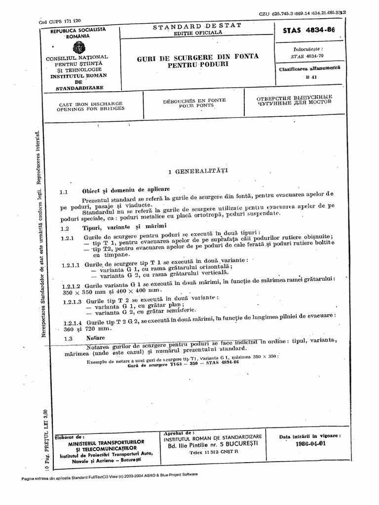 STAS 4834-86 Guri de Scurgere Din Fonta PT - Poduri | PDF