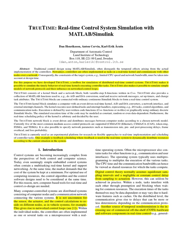 TRUETIME Real-Time Control System Simulation With MATLAB - Simulink ...