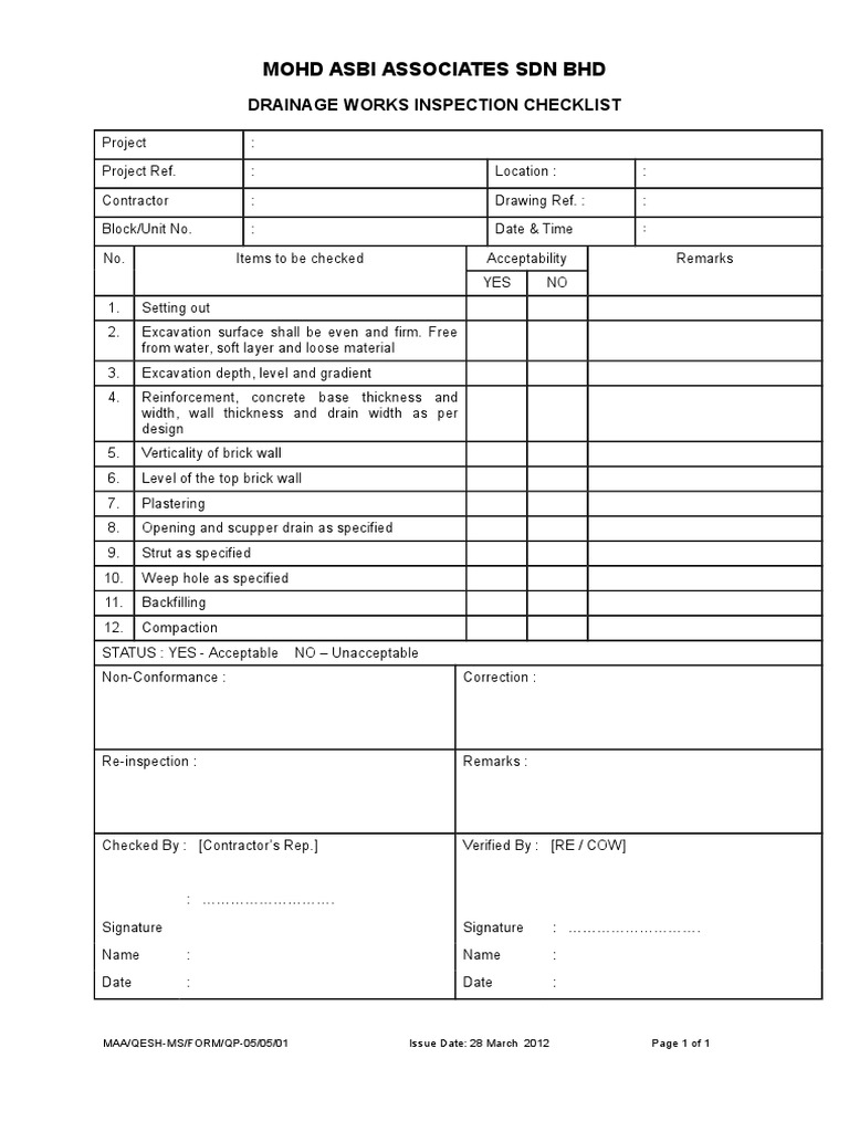 05 Drainage Works Inspection Checklist | PDF