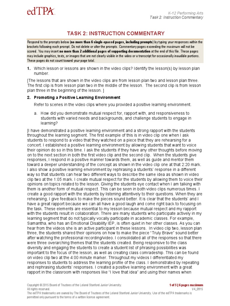 Edtpa Pfa Instruction Commentary Final | PDF | Lesson Plan | Learning