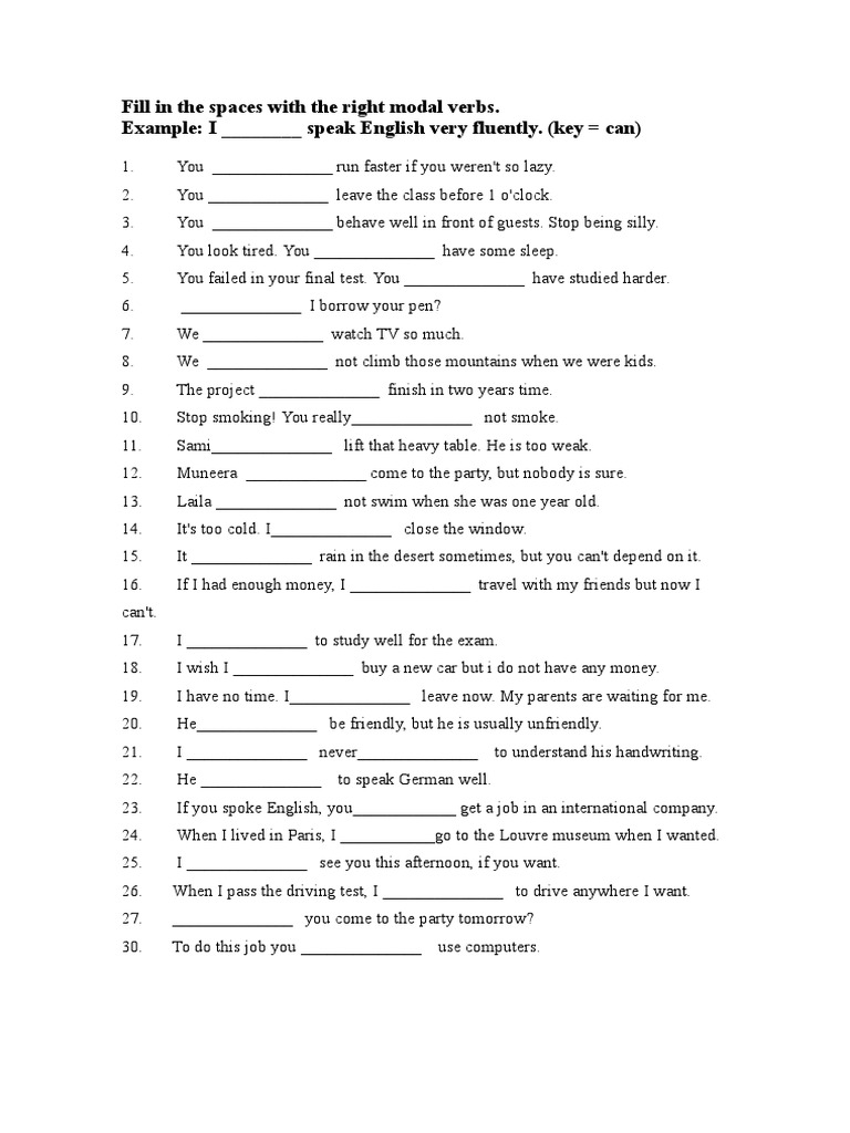 Fill in The Spaces With The Right Modal Verbs | PDF | Sentence ...