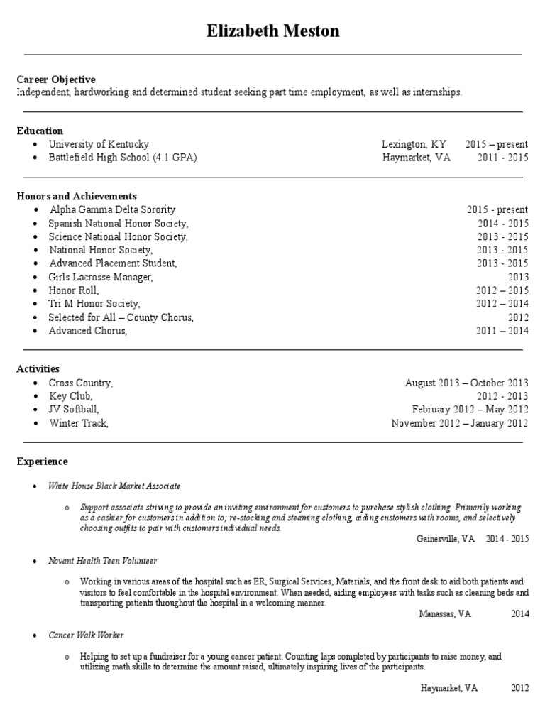 Elizabeth Meston's Resume Overview | PDF