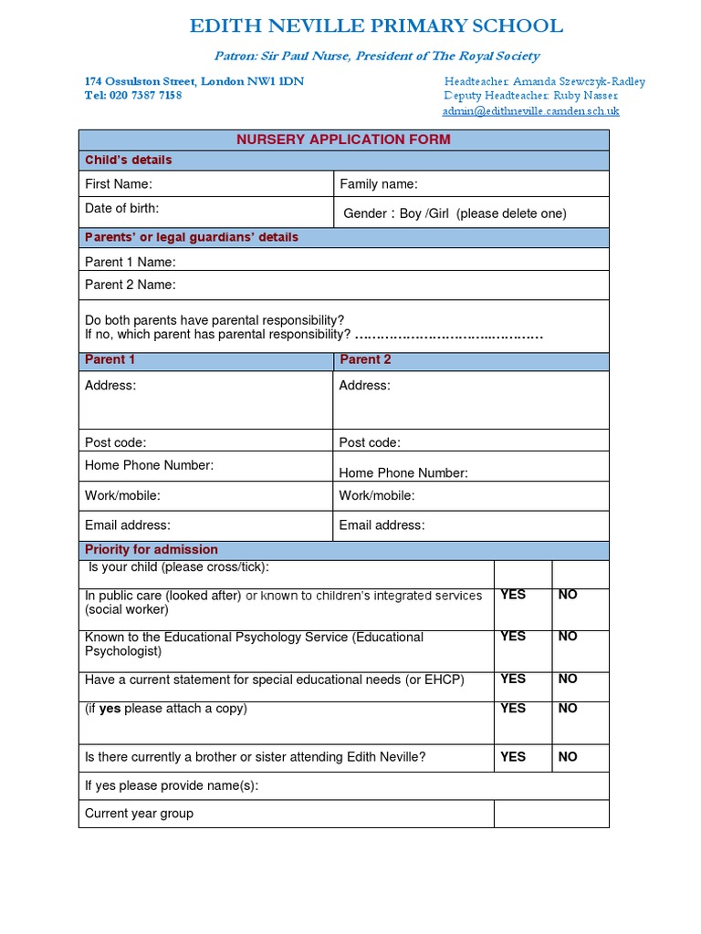 Edith Neville Nursery Application Form | PDF