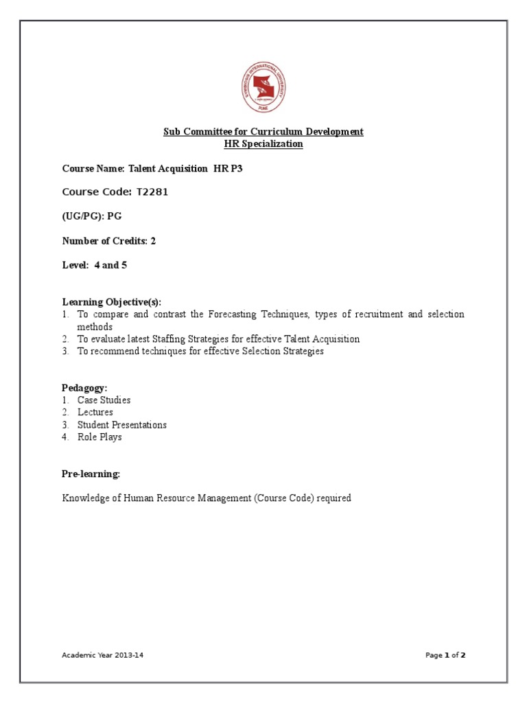 Sub Committee For Curriculum Development HR Specialization Course Name ...
