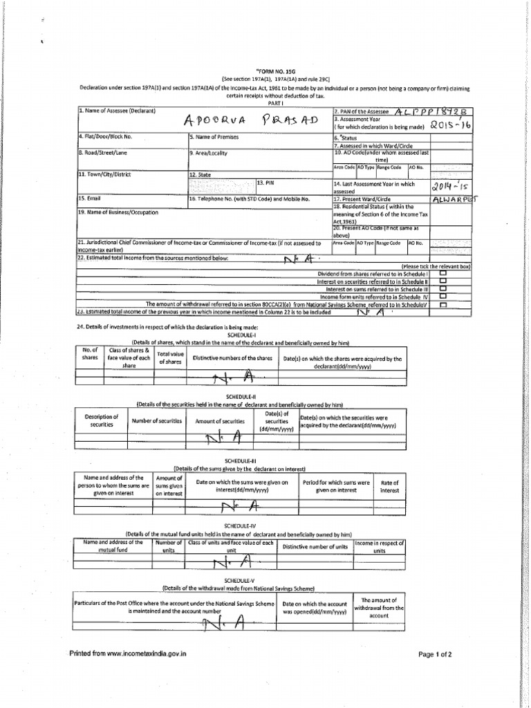 Form 15G, 15H Sample | PDF
