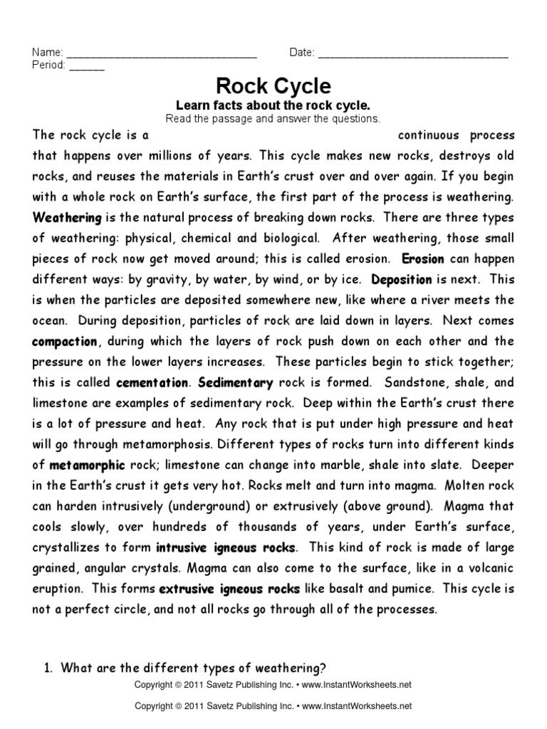 Rock Cycle Comprehension October 1st | PDF | Rock (Geology) | Igneous Rock